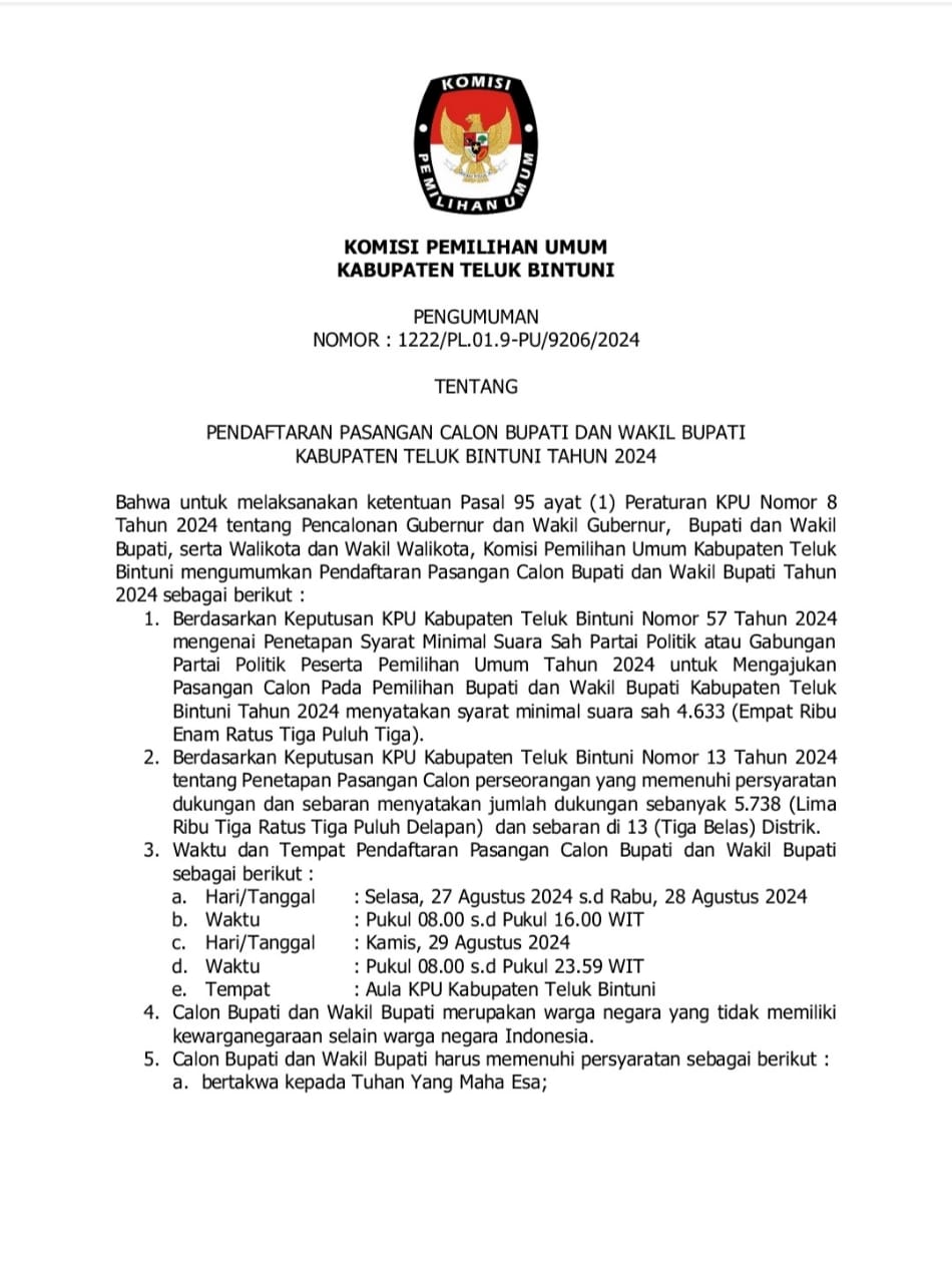 Pengumuman Pendaftaran Calon Bupati dan Wakil Bupati Teluk Bintuni ... Pengumuman Pendaftaran Calon Bupati dan Wakil Bupati Teluk Bintuni ...