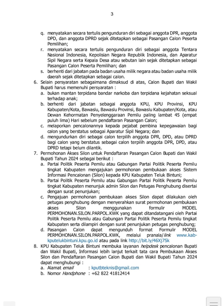 Pengumuman Pendaftaran Calon Bupati dan Wakil Bupati Teluk Bintuni Tahun 2024 – Suara Teluk